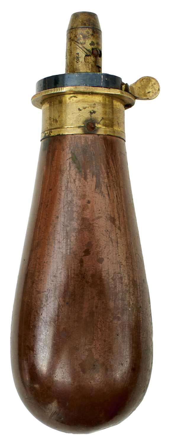 Lot 436 - AN ENGLISH BAG SHAPED COLT POWDER FLASK BY