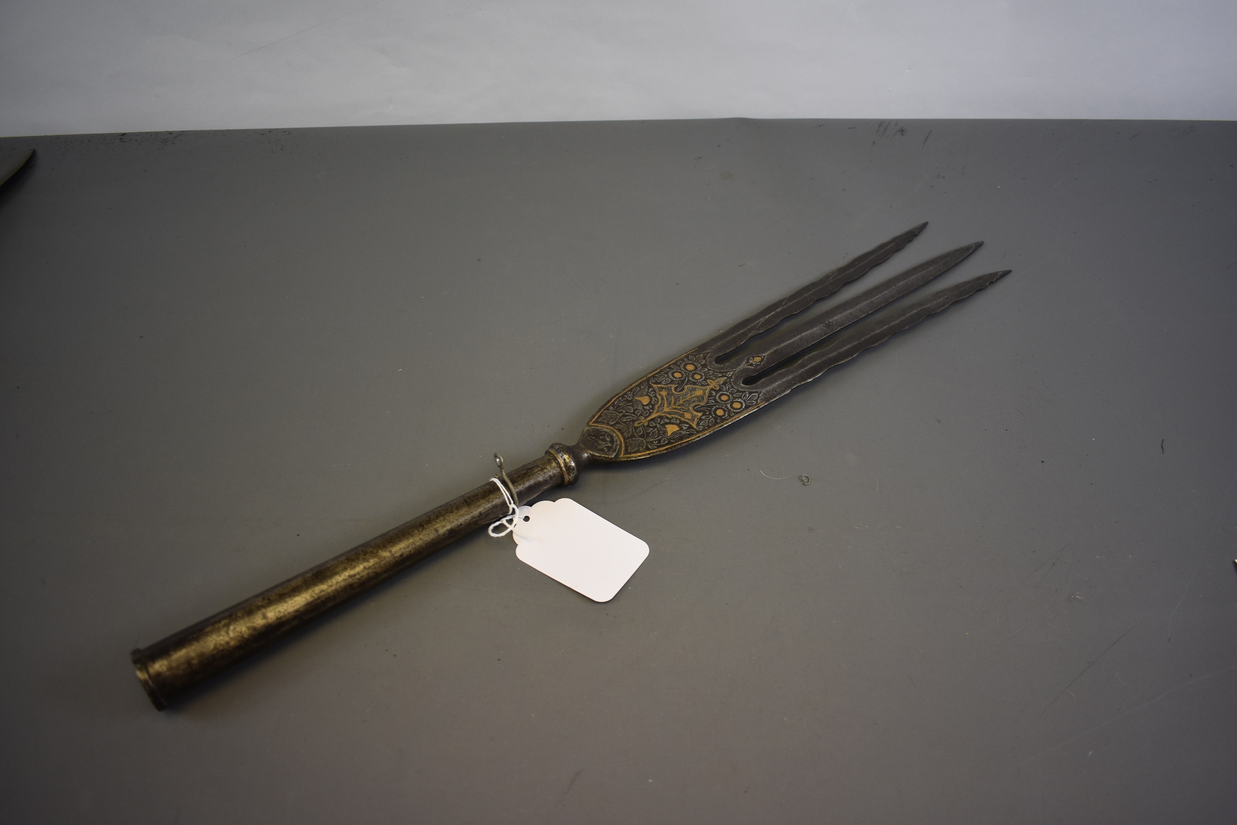 Lot 68 - A 19TH CENTURY INDIAN TRIDENT OR SPEAR HEAD,