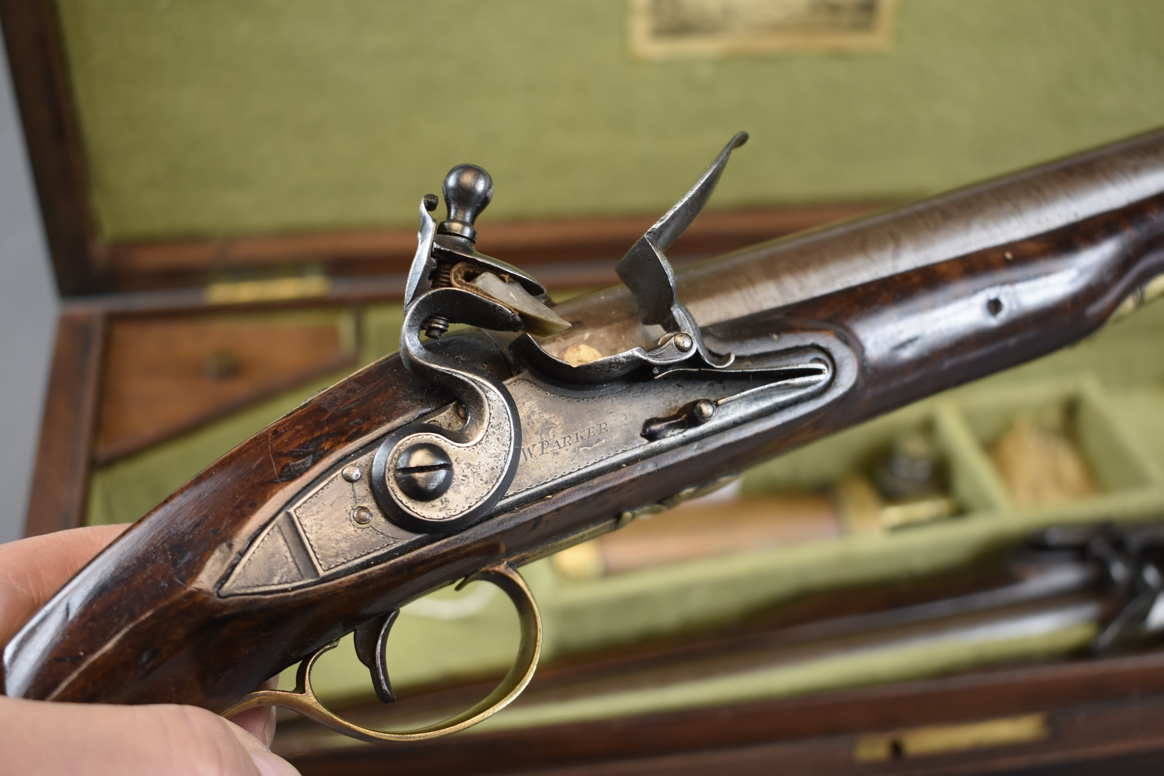 Lot 229 - A CASED PAIR OF 10-BORE FLINTLOCK LONG